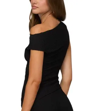 EDIKTED Atile Asymmetric Off Shoulder Textured Top - Black