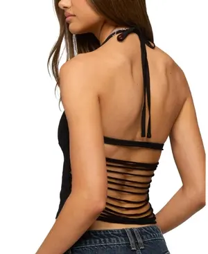 EDIKTED Minsoo Shredded Back Halter Top - Black