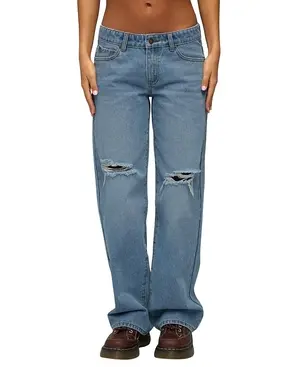 EDIKTED Juju Distressed Low Rise Baggy Jeans - Blue-washed