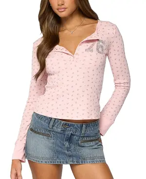 EDIKTED 76 Rhinestone Floral Henley Top