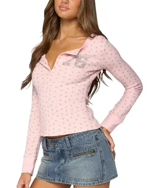 EDIKTED 76 Rhinestone Floral Henley Top