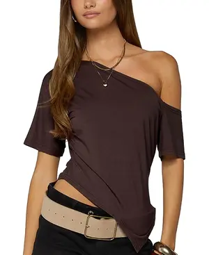 EDIKTED Elori Asymmetric Off Shoulder Top - Brown