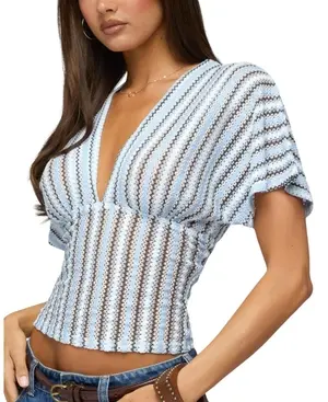 EDIKTED Alwyn Flutter Crochet Zigzag Top - Light-blue