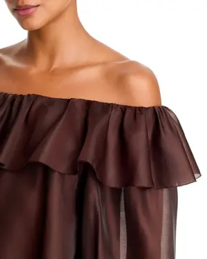 Alice + Olivia Alta Off-the-shoulder Ruffled Top - Dark Chocolate