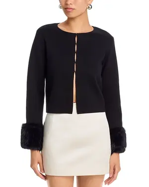 Aqua Faux Fur Trim Knit Cardigan Exclusive - Black