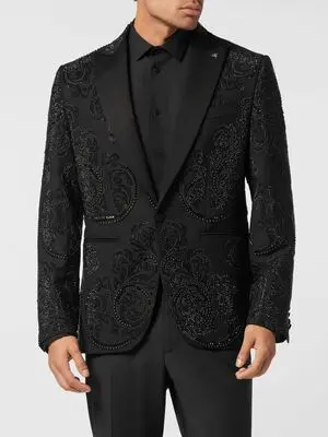 Philipp Plein Single-breasted Wool Blazer With Crystal Embroidery - Black