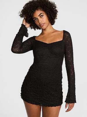 Pink Lace Square-neck Long-sleeve Mini Dress Black