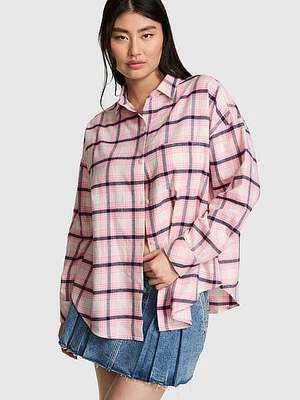 Pink 100% Cotton Favorite Flannel Button-down Sleepshirt - Print