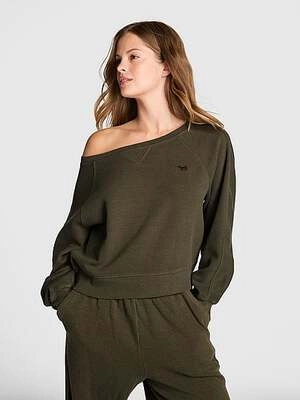 Pink Wondersoft Waﬄe-knit Oﬀ-the-shoulder Sweatshirt - Green