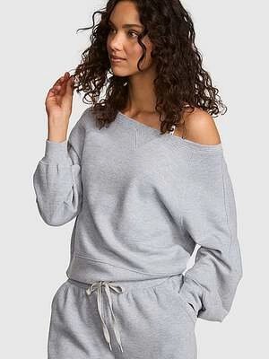 Pink Wondersoft Waﬄe-knit Oﬀ-the-shoulder Sweatshirt Grey