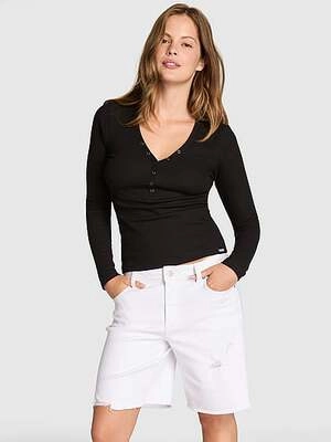 Pink Waﬄe Snap Long-sleeve Henley Top - Black