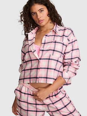 Pink 100% Cotton Favorite Flannel Cropped Button-down Sleepshirt