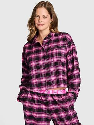 Pink 100% Cotton Favorite Flannel Cropped Button-down Sleepshirt - Print