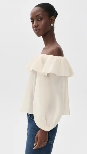 Alice + Olivia Alta Off Shoulder Ruffle Blouse - Chino