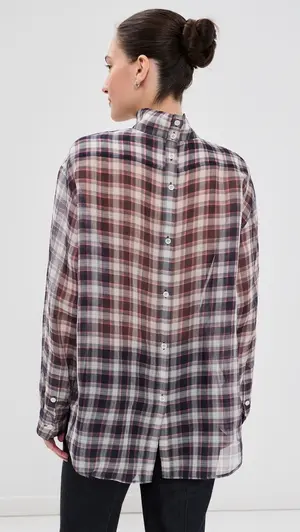 Tibi Silk Cotton Plaid Funnel Neck Shirt