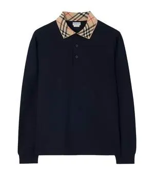 Burberry Cotton Check-collar Long-sleeve Polo Shirt - Navy