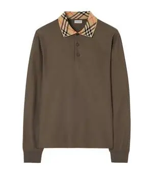 Burberry Cotton Check-collar Long-sleeve Polo Shirt - Brown
