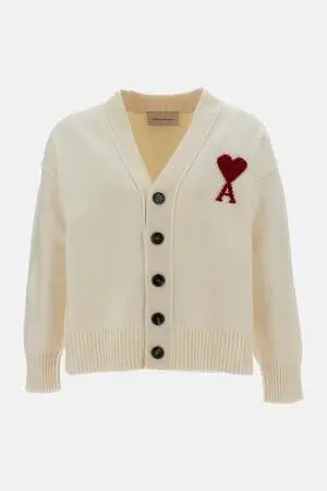 AMI Paris Cardigan Scollo A V De Coeur - White