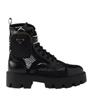 Prada Mesh Fabric And Brushed Leather Booties With Pouch