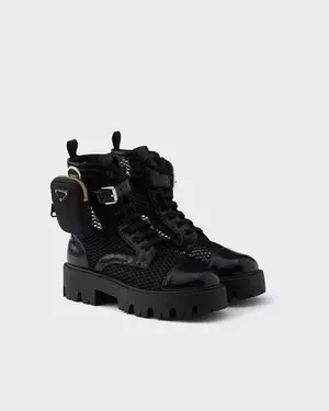 Prada Mesh Fabric And Brushed Leather Booties With Pouch