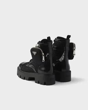 Prada Mesh Fabric And Brushed Leather Booties With Pouch