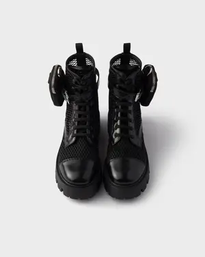 Prada Mesh Fabric And Brushed Leather Booties With Pouch