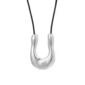 EVERY WAVE Silver / Black Anchor Horseshoe Pendant Cord Necklace - Silver/black