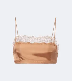 Ulla Johnson Leiko Lace-trimmed Silk Twill Crop Top - Brown