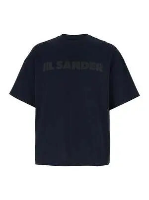 JIL SANDER Blue Crewneck T-shirt With Logo Lettering On The Front In Cotton - Multicolor