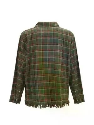 FOUND Raw-cut Fringed Plaid Camp Shirt - Green