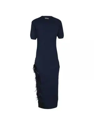 IZAAK AZANEI Feather-trim Side-slit Midi Dress