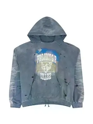 PROTOCOL INDEX Distressed Graphic-print Hoodie - Blue