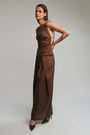 BARDOT ARELIA HIGH NECK LINEN TOP CHOCOLATE