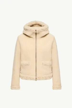 Moncler Leuctre Hooded Shearling Short Down Jacket - Beige