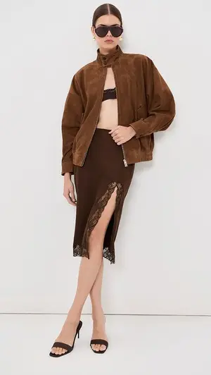 Balmain Knit Knee Length Skirt With Lace Trim - Chataigne