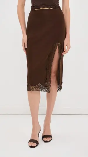 Balmain Knit Knee Length Skirt With Lace Trim - Chataigne