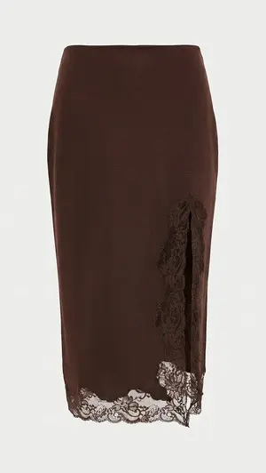 Balmain Knit Knee Length Skirt With Lace Trim - Chataigne