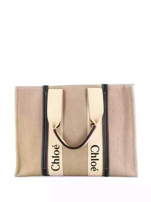 Chloé Woody Canvas With Leather Large Tote Bag - Blue