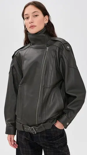 Vince Leather Oversized Biker Jacket - Deep Forest