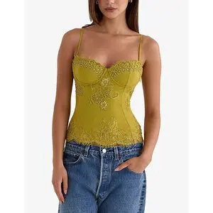 House Of Cb Soraya Hand-beaded Embellished Woven Top - Chartreuse