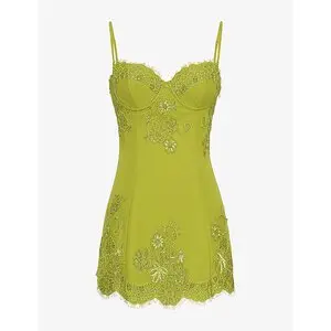 House Of Cb Soraya Lace-trim Satin Mini Dress - Pear