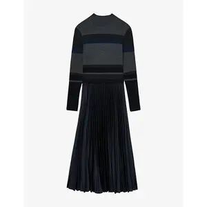 REISS Carla Striped Pleated Wool-blend Midi Dress - Grey