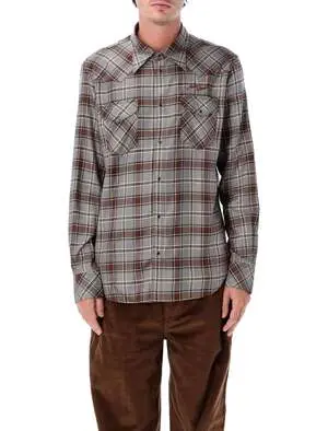 Acne Studios Fluid Flannel Check Button-up Shirt With Shoulder Patches And Snap Pockets - Grey Check