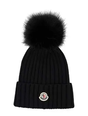 Moncler Ribbed Knit Beanie With Turn-up Cuff & Logo Patch Pom-pom