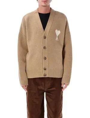 AMI Paris Ami Paris Soft Alpaca V-Neck Cardigan With Engraved Horn Buttons And Intarsia Logo Beige Mastic/ecru