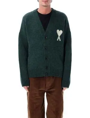 AMI Paris Soft Alpaca V-neck Cardigan With Engraved Horn Buttons And Intarsia Logo - Verde