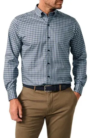 David Donahue Check Pima Cotton Button Up Shirt - Navy/olive
