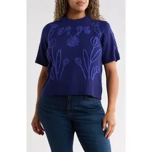 SUGARLIPS Winsley Floral Embroidered Sweater - Navy