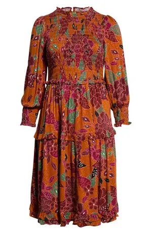 SUGARLIPS Marven Floral Smocked Midi Dress - Rust-brown