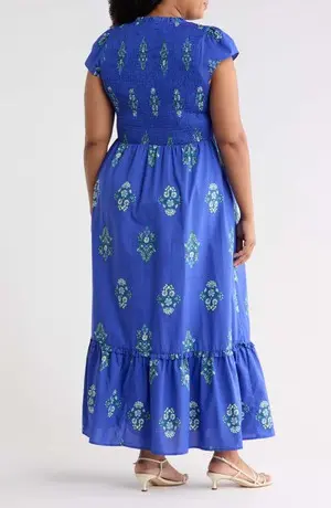 SUGARLIPS Haline Liora Smocked Floral Cotton Dress - Navy-multi